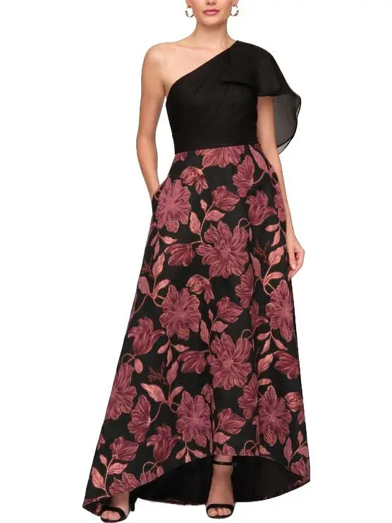 Js Collections Winifred One-shoulder Metallic Floral Jacquard Mixed Media Organza Gown - Black Multi