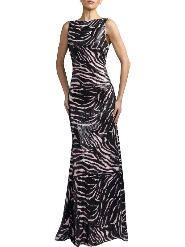 Mac Duggal Tiger Print Cowl Back Sequin Gown - Tiger Multi