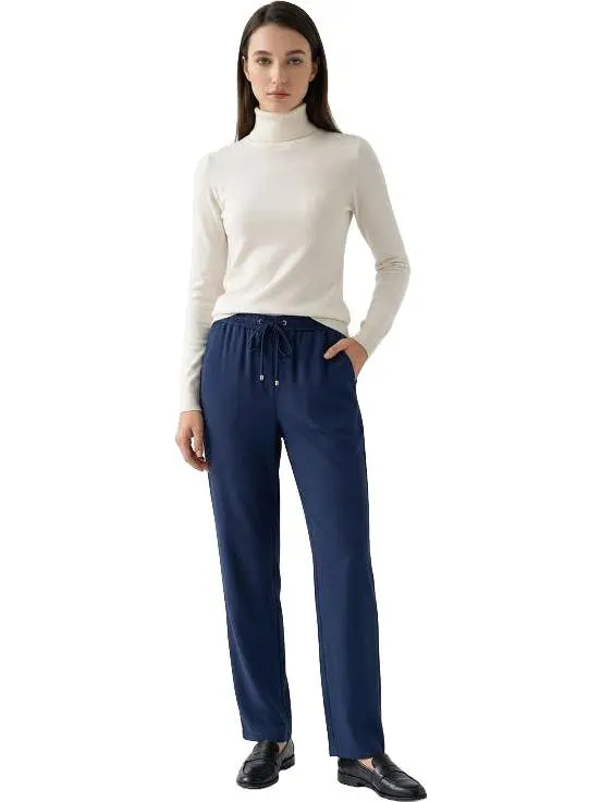 EXQUISE Elastic Waist Drawstring Regular Pants - Navy