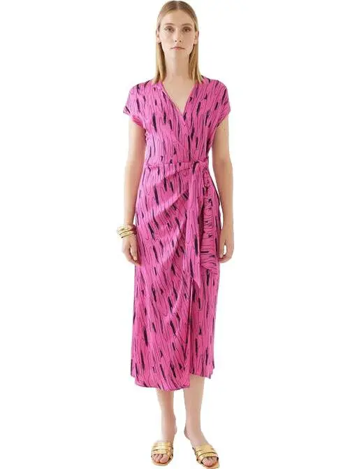 EXQUISE Off Shoulder Belted Wrap Dress - Fuchsia-black