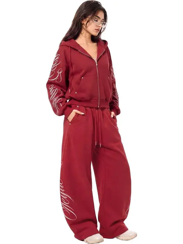 AELFRIC EDEN Boxy Embroidery Hoodie Sets - Red