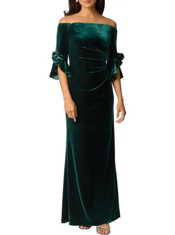 Adrianna Papell Bell Sleeve Off The Shoulder Stretch Velvet Rosette Gown - Hunter