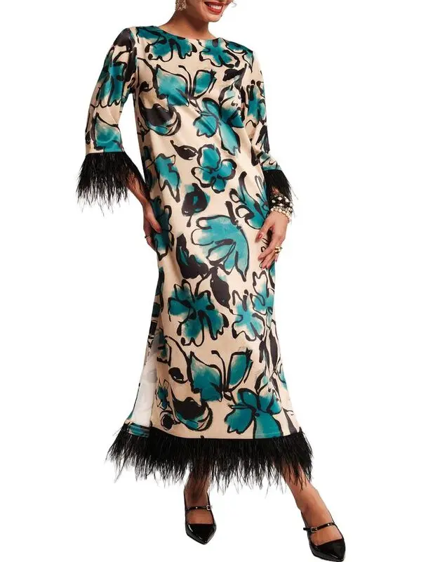 FRANCES VALENTINE Belle Maxi Dress Abstract Meadow - Teal/camel
