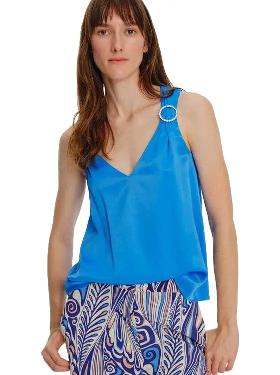 EXQUISE V Neck Crystal Buckle Sleeveless Blouse - Blue