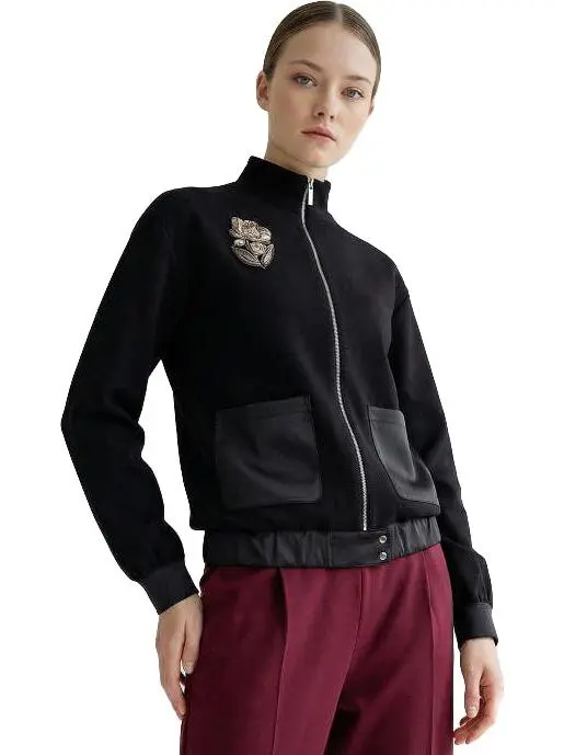 EXQUISE Stone Embellished Regular Knit Jacket - Black
