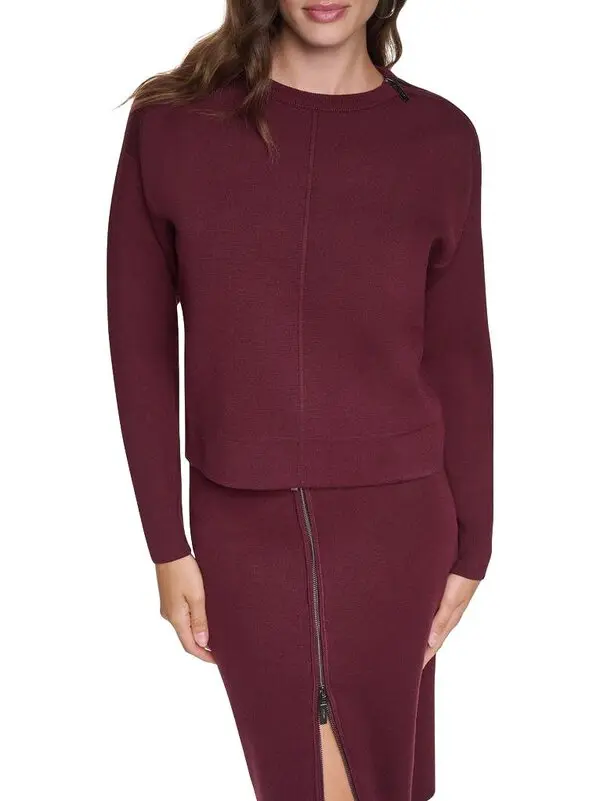 Dkny Zip Shoulder Crewneck Sweater - Cabernet