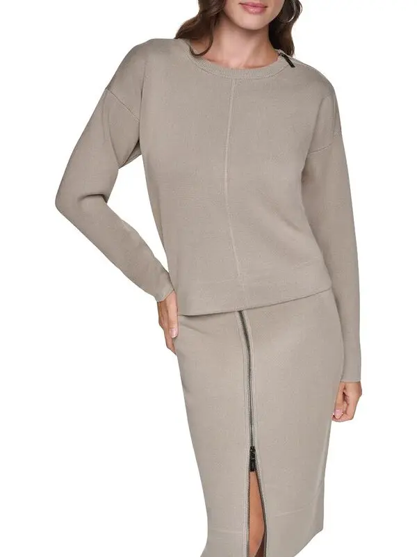 Dkny Zip Shoulder Crewneck Sweater - Putty
