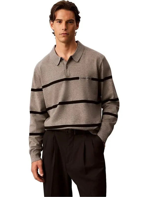 Calvin Klein Tech Knit Striped Polo Sweater - Grey Heather