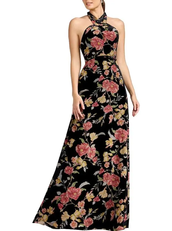 Dress The Population Brighton Floral Burnout Velvet Halter Gown - Black Multi