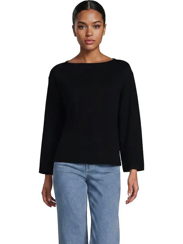LANDS' END Bracelet Sleeve Supima Cotton Boat Neck Flare Sleeve Top - Black