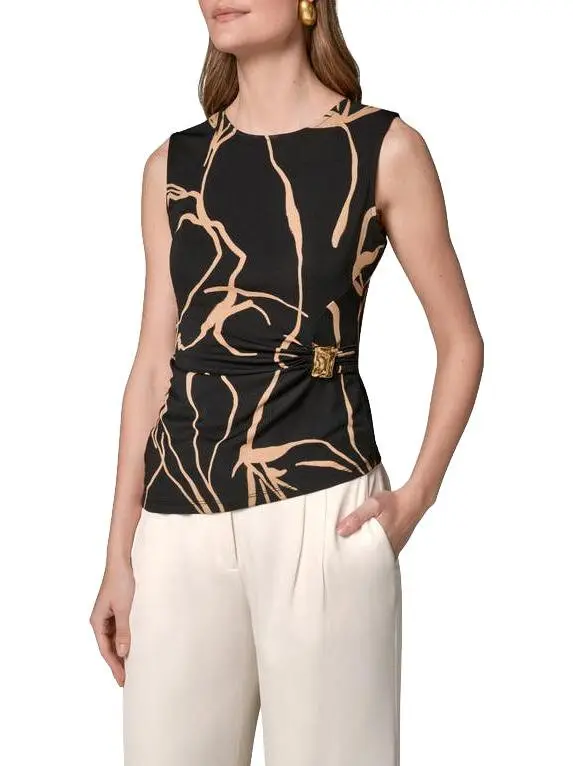 Donna Karan New York Hardware Print Gather Sleeveless Top - Blk/fawn
