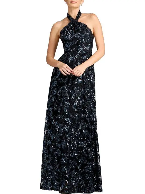 Dress The Population Manon Sequin Halter Gown - Black Multi