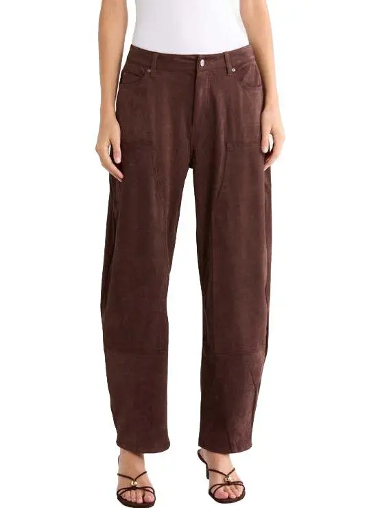 KITTENISH High Waist Faux Suede Barrel Leg Jeans - Espresso