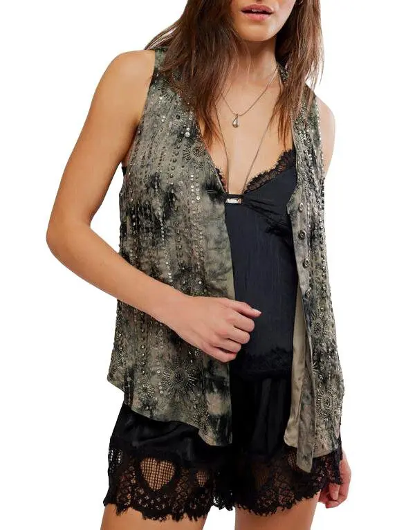 Free People Arden Sequin & Bead Detail Tie Dye Vest - Raven Combo