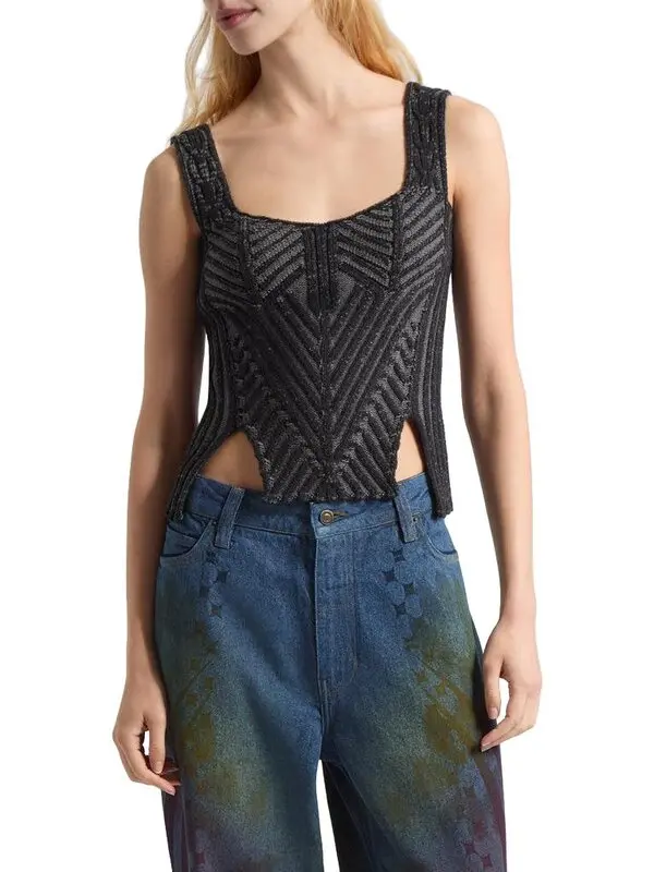 PAOLINA RUSSO Warrior Corset Mixed Stitch Merino Wool Sweater Tank - Black
