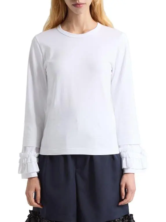 Comme Des Garçons Ruffle Cuff Long Sleeve Cotton Top - White