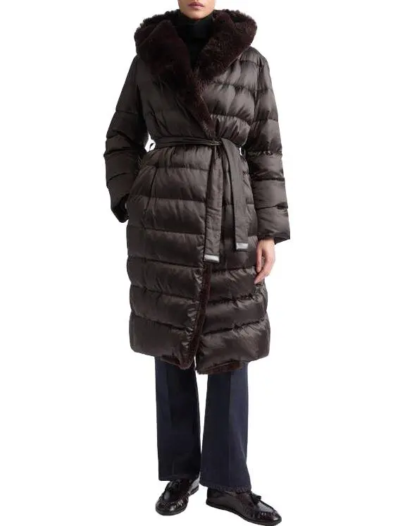 Max Mara Medusa Belted Puffer Coat With Faux Fur Trim - Brown