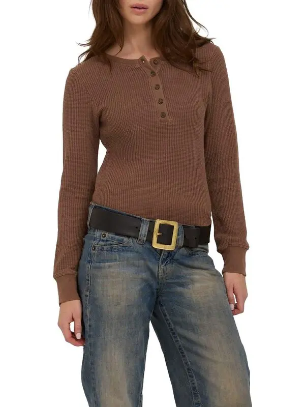 PROJECT SOCIAL T Coastal Waffle Knit Henley - Dark Mocha