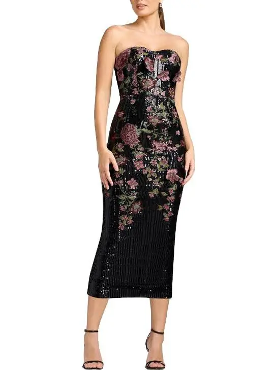 Dress The Population Shailene Floral Embroidered Sequin Strapless Cocktail Dress - Black Multi