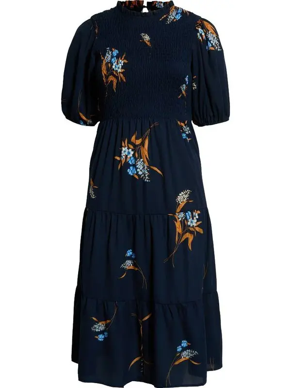 SUGARLIPS Dusk Bloom Floral Smocked Tiered Dress - Navy-multi