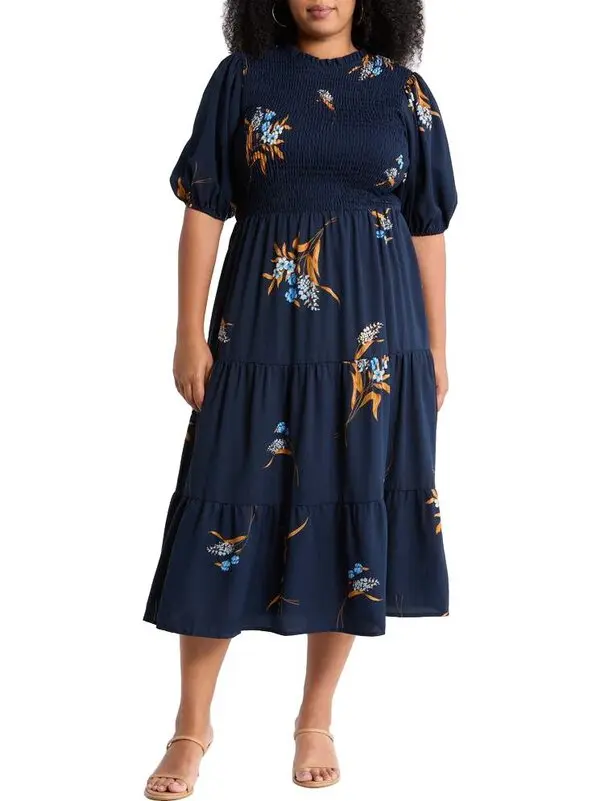 SUGARLIPS Dusk Bloom Floral Smocked Tiered Dress - Navy-multi