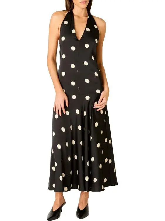 NIA Verona Polka Dot Drop Waist Halter Midi Dress - Black