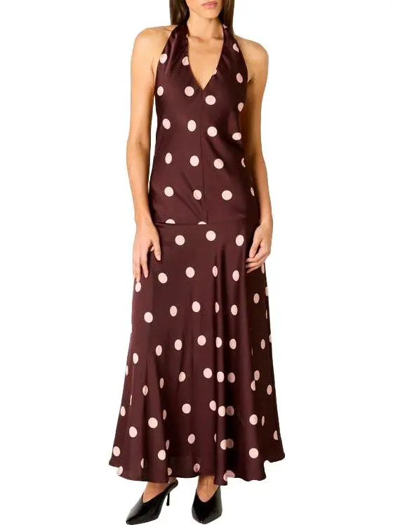 NIA Verona Polka Dot Drop Waist Halter Midi Dress - Wine