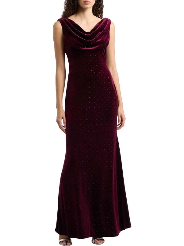 Eliza J Diamante Detail Cowl Neck Velvet Gown - Wine