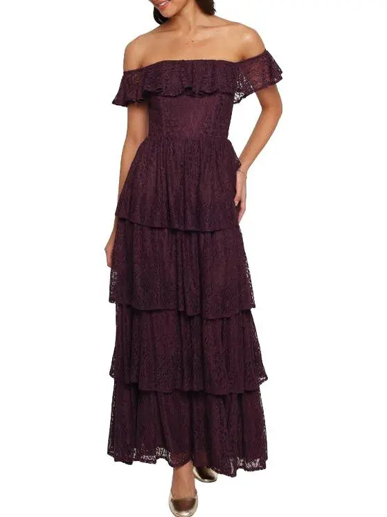 PETAL & PUP Miravelle Off The Shoulder Lace Maxi Dress - Plum Lace