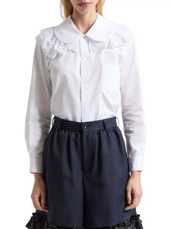 Comme Des Garçons Cotton Broadcloth Shirt With Lace Ruffles - White