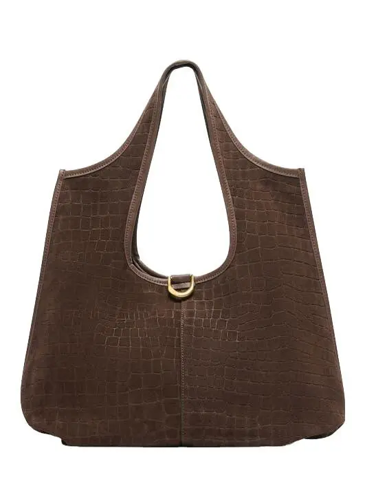 Dolce Vita Pava Croc Embossed Suede Shoulder Bag - Mid Brown