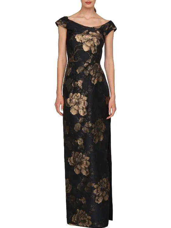 KAY UNGER Myla Metallic Floral Jacquard Column Gown - Dk Twilight
