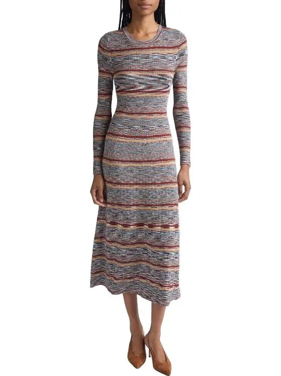 Veronica Beard Nami Stripe & Space Dye Long Sleeve Sweater Dress - Rust Multi
