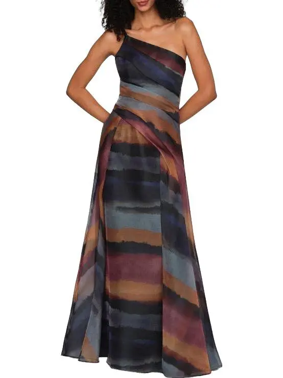 KAY UNGER Daniela Ombré Stripe One-shoulder Organza Gown - Iceberg Multi