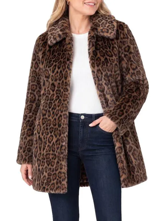 LIVERPOOL Faux Fur Collared Coat - Brown/multi