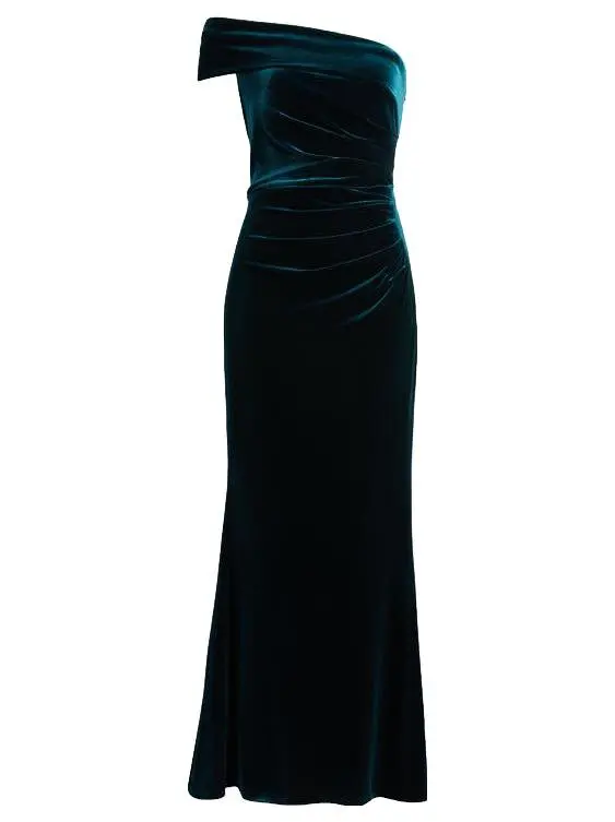 Eliza J Ruched One-shoulder Velvet Gown - Hunter