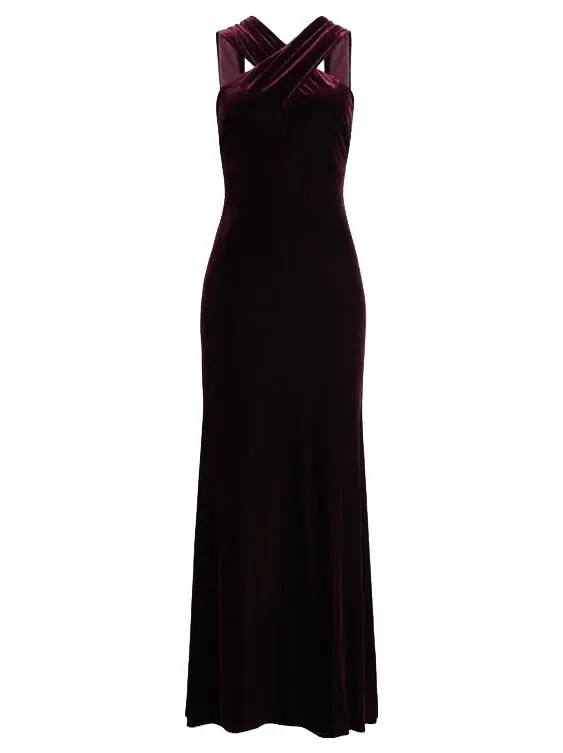 Eliza J Cross Neck Velvet Mermaid Gown - Plum