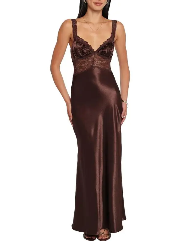 PETAL & PUP Nitara Lace Trim Satin Maxi Dress - Brown