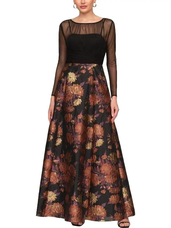 Js Collections Yuna Long Sleeve Mixed Media Metallic Floral Jacquard Gown - Black Multi