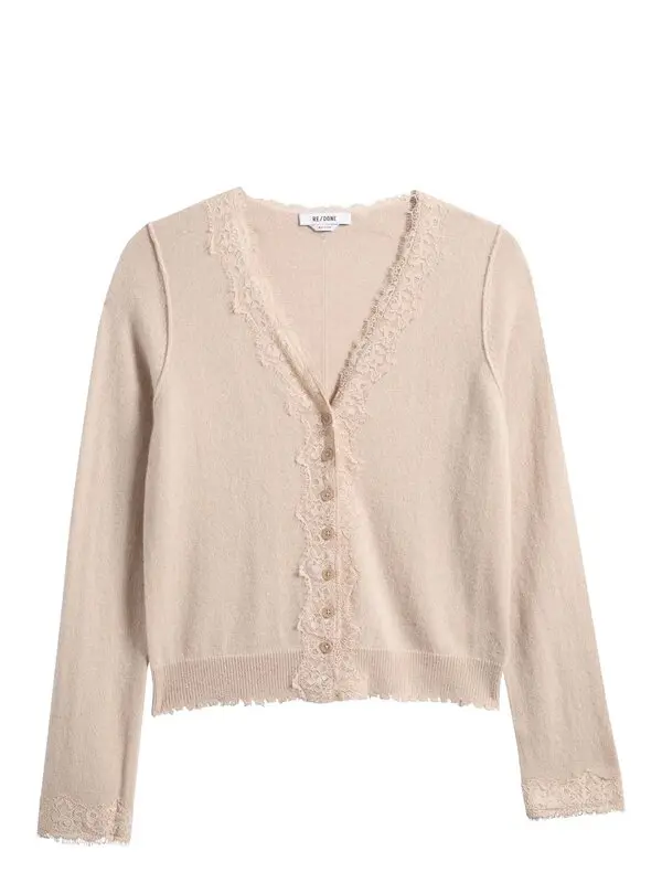 RE/DONE Ruby Lace Trim Cashmere Cardigan - Pebble