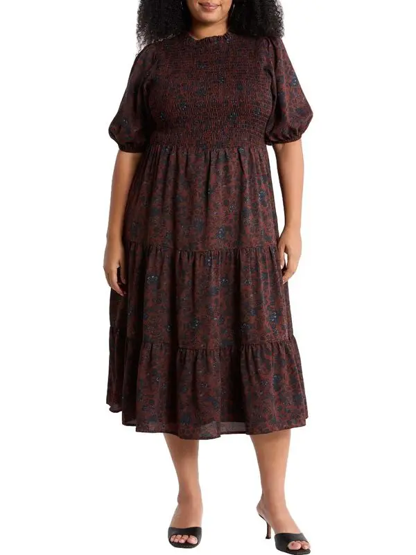 SUGARLIPS Kalida Beau Frazier Smocked Tiered Midi Dress - Chocolate