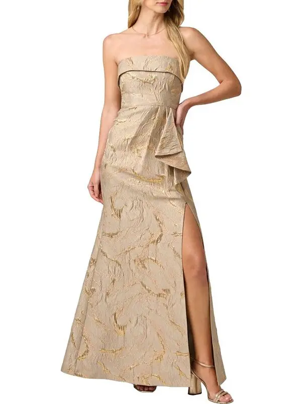 Adrianna Papell Strapless Metallic Jacquard Draped Gown - Mink