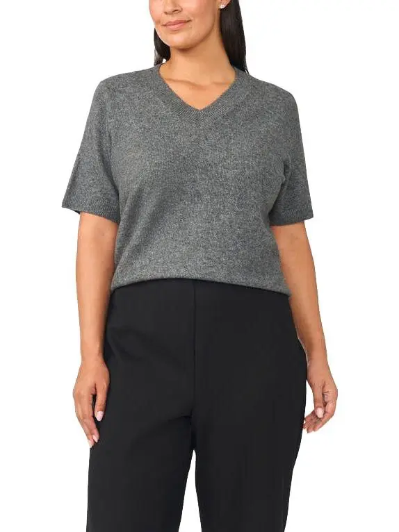 Halogen V-neck Short Sleeve Sweater - Medium Heather Grey