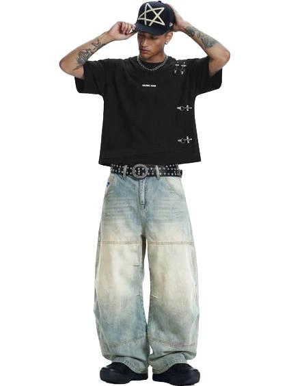 AELFRIC EDEN Washed Panel Baggy Barrel Jeans - Blue
