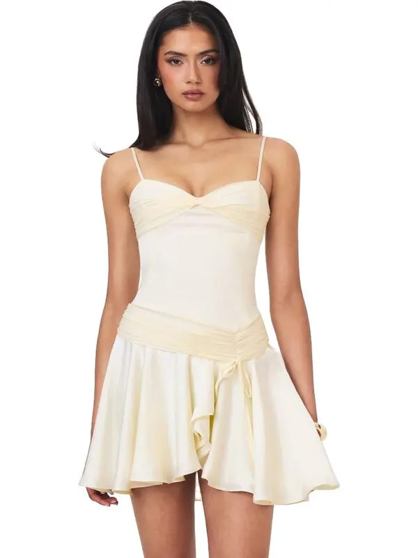 MISS CIRCLE NEW YORK Yvonne Satin Asymmetrical Ruched Mini Dress - Ivory