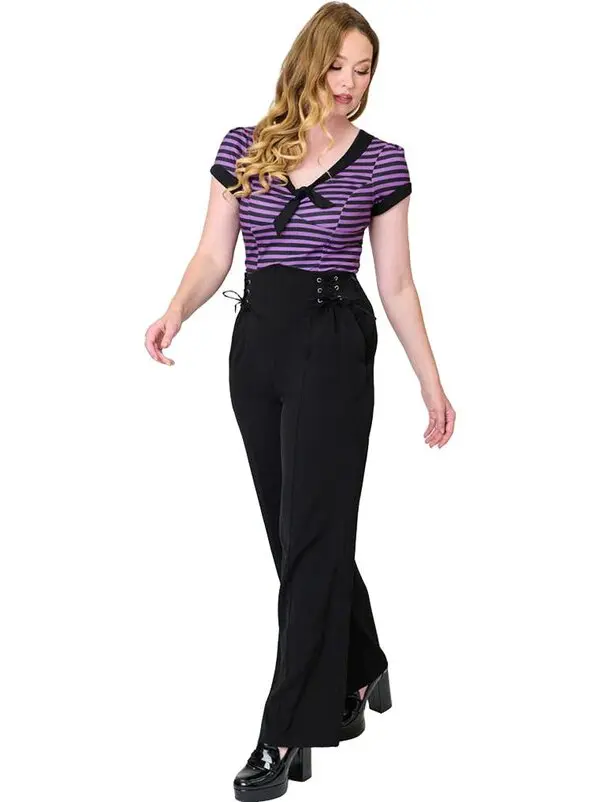 Unique Vintage Lace Up High Waist Trousers - Black Solid