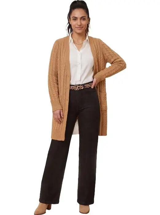 JESSICA LONDON Cable Button Front Cardigan - Soft Camel