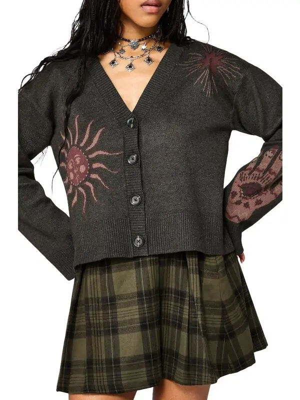 DISTURBIA Angela Celestial Jacquard Knit Cardigan - Charcoal
