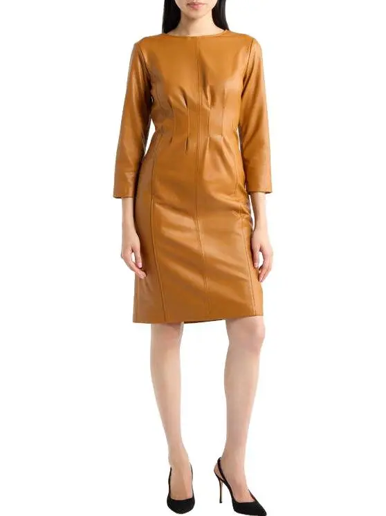 Anne Klein Pleated Waist Faux Leather Sheath Dress - Toast