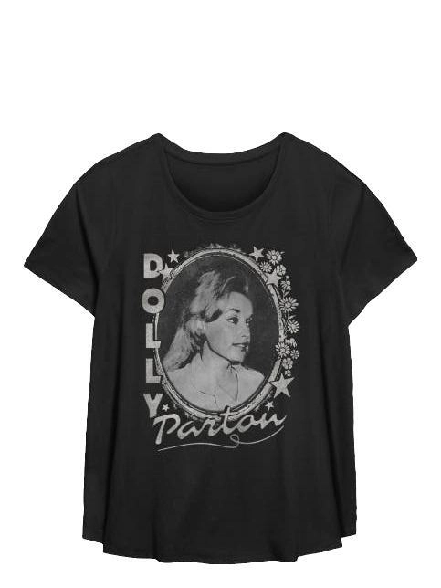 DOLLY PARTON Distressed Stars Portrait Short Sleeve T-shirt - Black